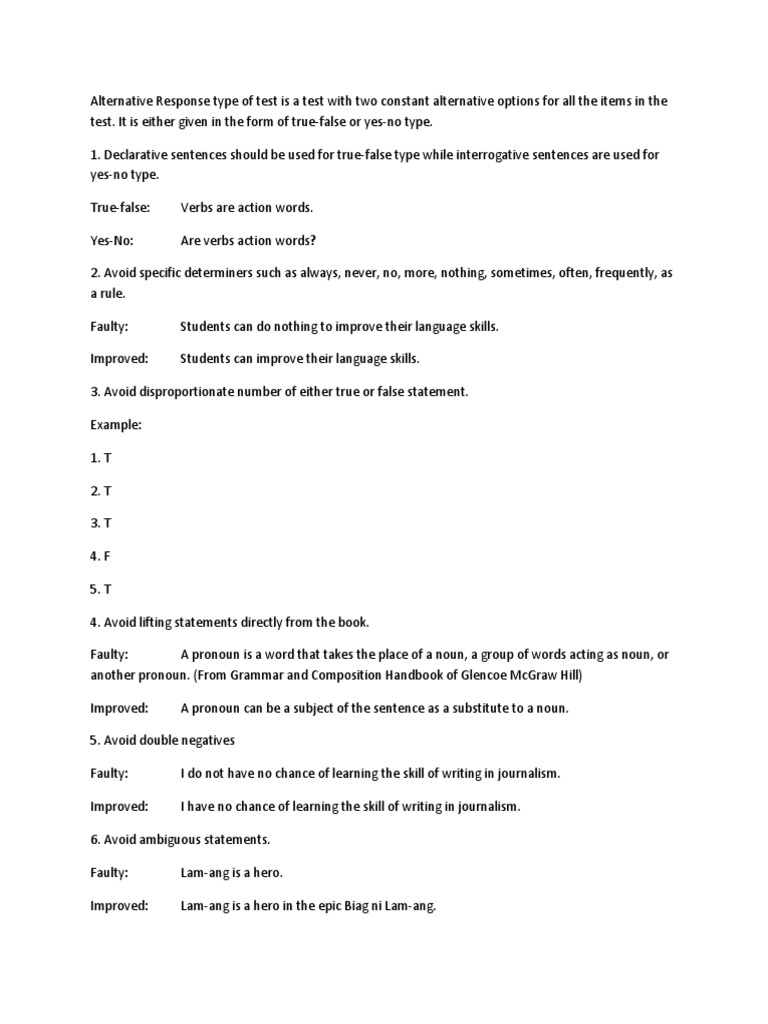 Alternative Response Type of Test is a Test With Two Constant ...