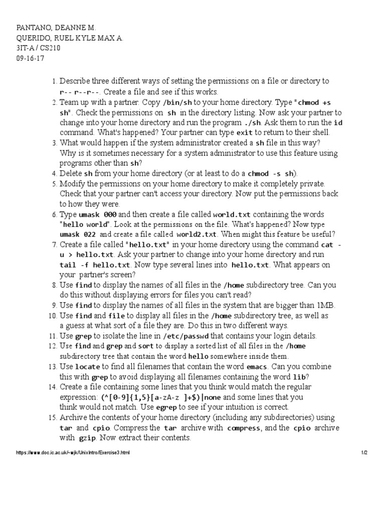 Introduction To Unix And Linux Exercise Sheet 3 Pdf Computer File System Software 4221