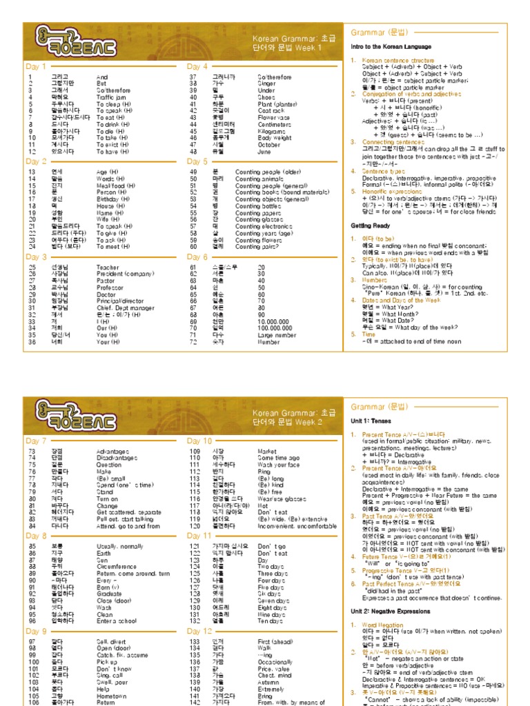 Low Intermediate Korean Vocabulary and Grammar | PDF | Korean Language ...