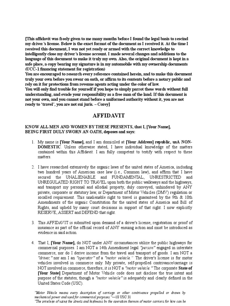 AFFIDAVIT of Right to Travel Public | Oath Of Office | United States ...