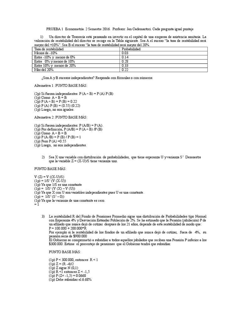 Pauta Prueba 1 Econometría 2016 | PDF | Intervalo de confianza | Teoría estadística