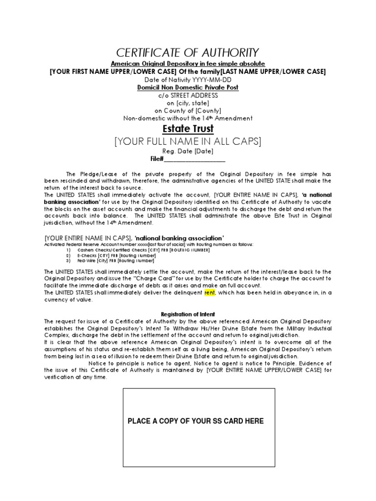 Certificate of Authority | Cheque | The United States