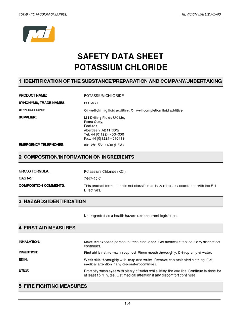 Safety Data Sheet Potassium Chloride: 1. Identification of The ...