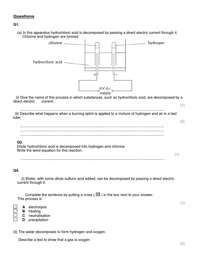 Electrolysis Questions PDF | PDF | Chlorine | Hydrogen