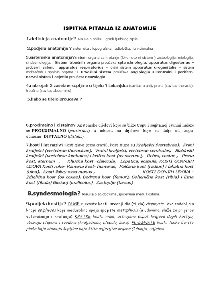 Ispitna Pitanja Iz Anatomije Odgovori | PDF