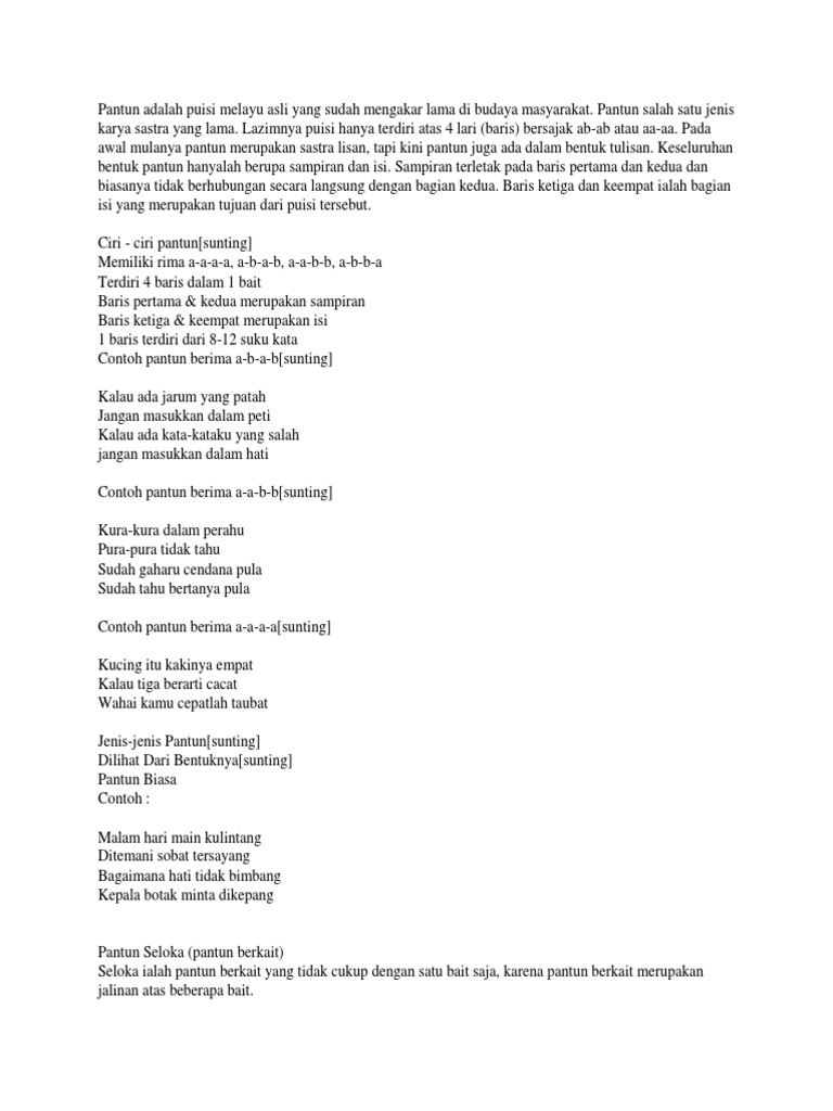 Ciri dan Jenis Pantun Melayu Klasik | PDF