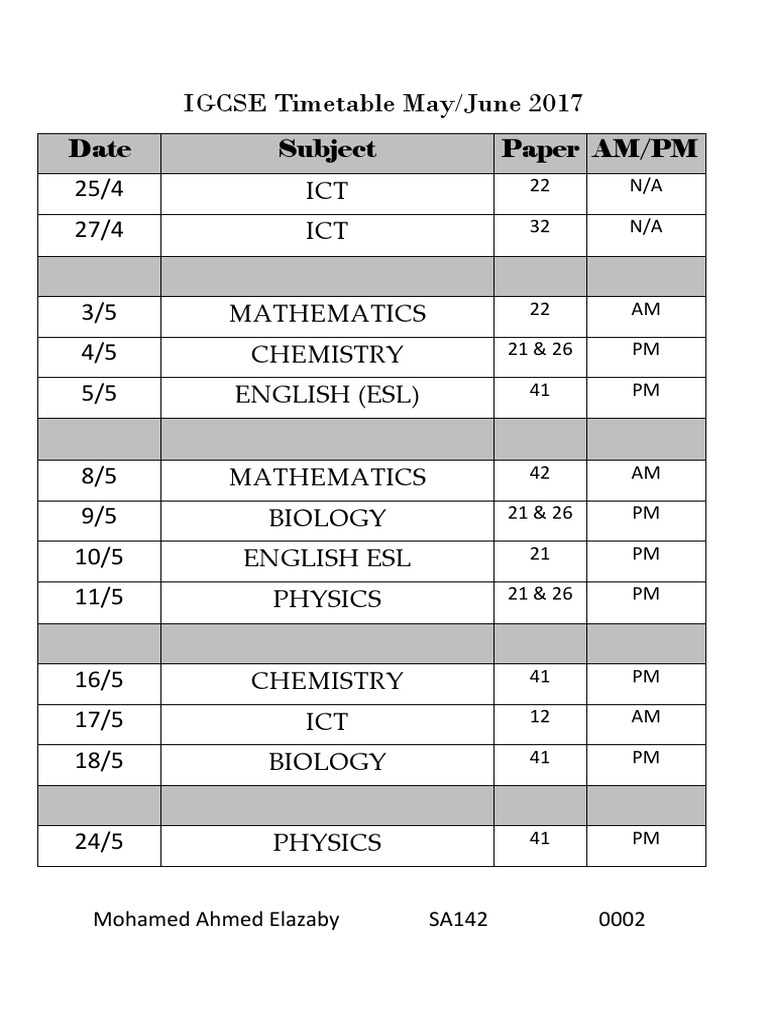 IGCSE Timetable May/June 2017: Date Subject Paper AM/PM 25/4 ICT 27/4 ...