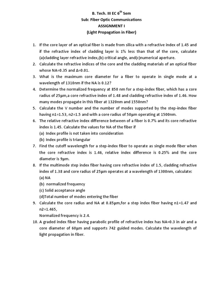 FOC - Assignment 1 & 2 PDF | Download Free PDF | Optical Fiber | Refractive Index