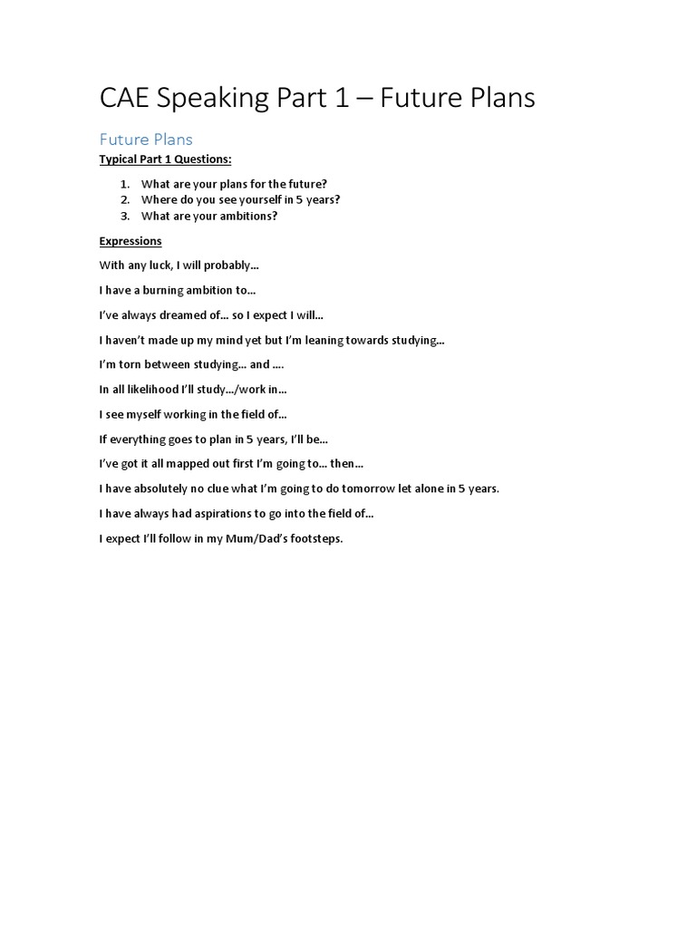 Cae Speaking Part 1 Future Plans | PDF