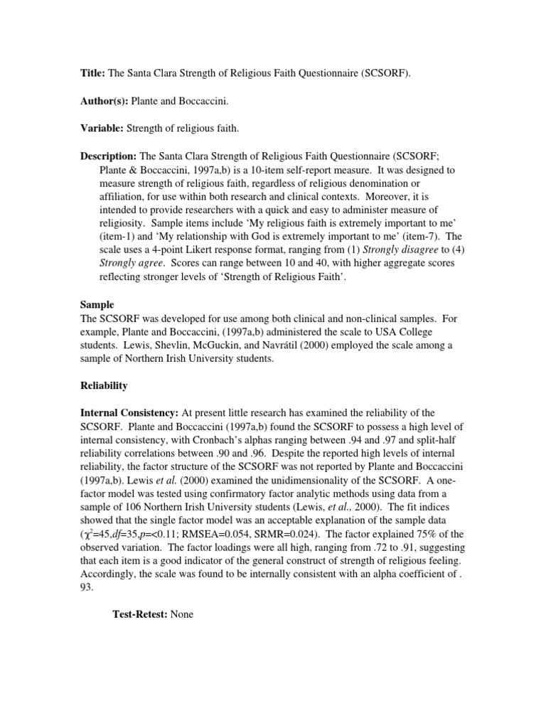 The Santa Clara Strength of Religious Faith Questionnaire (SCSORF ...