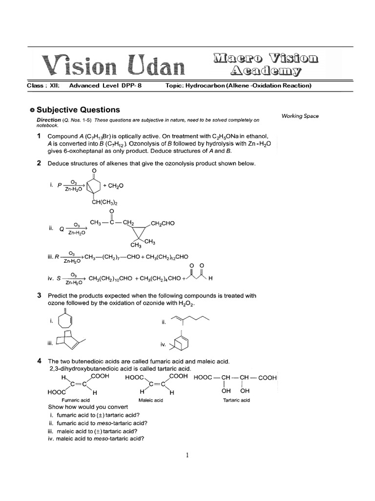 Class: XII: Advanced Level DPP-8 Topic: Hydrocarbon (Alkene - Oxidation Reaction) | PDF