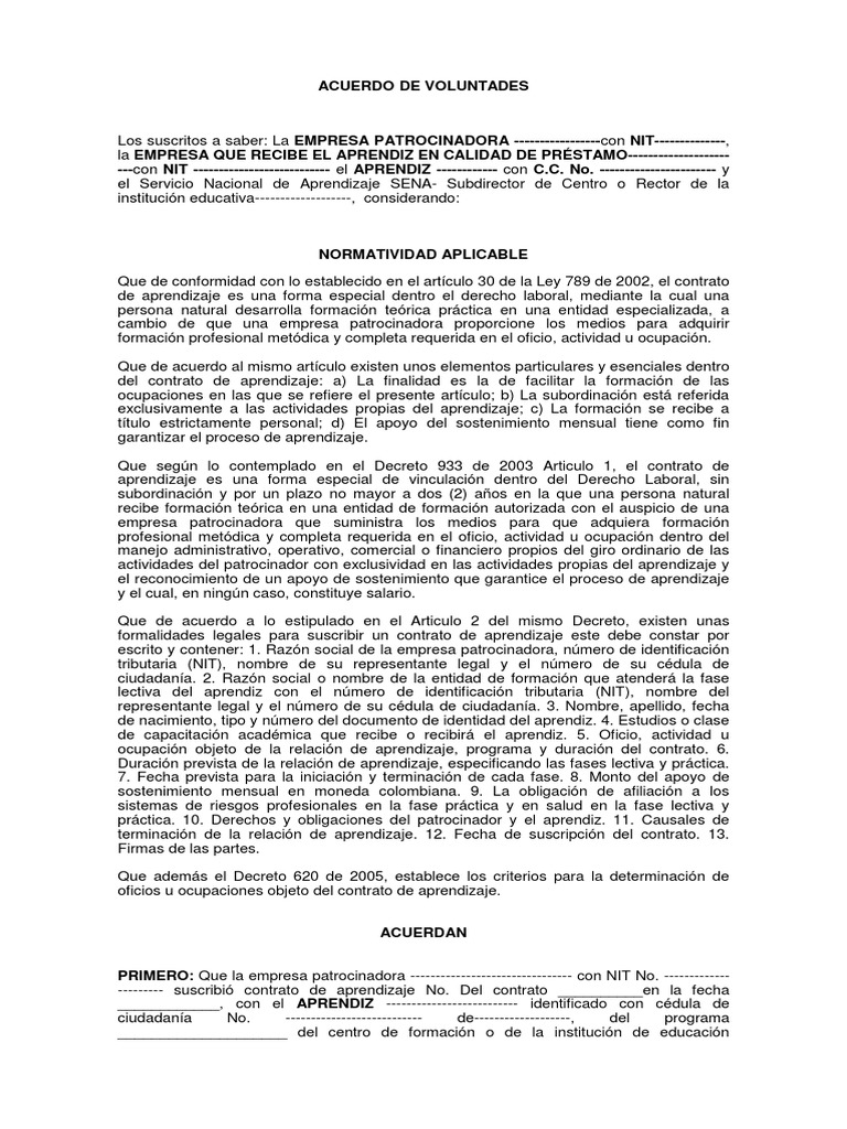 ACUERDO DE VOLUNTADES.docx | Derecho laboral | Aprendizaje