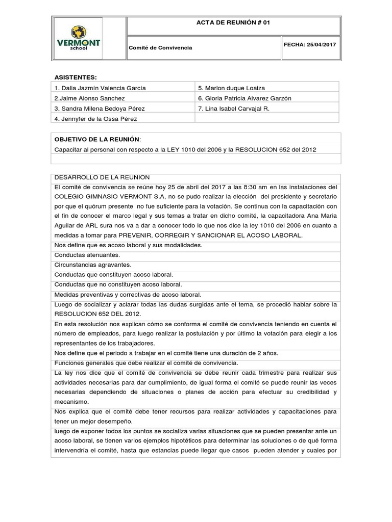 ACTA REUNION Del Comite de Convivencia. | Política