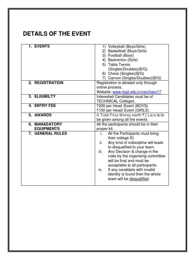 Details of The Event: 1. Events | PDF | Sports | Leisure