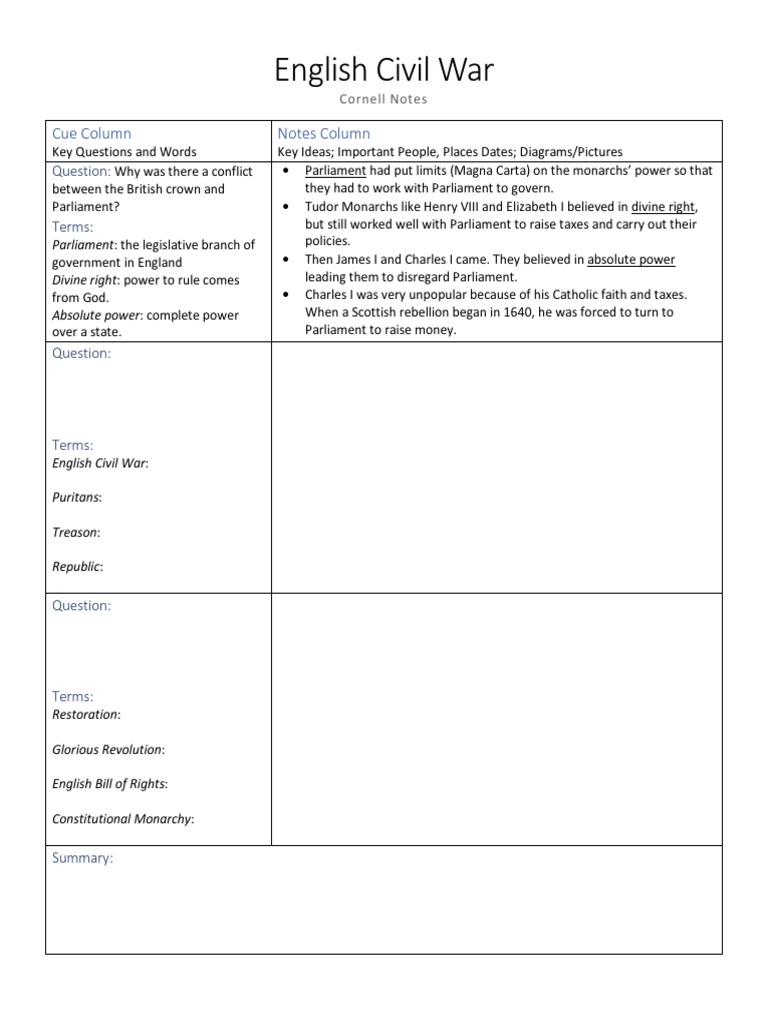 English Civil War Cornell Notes | PDF | English Civil War | Parliament