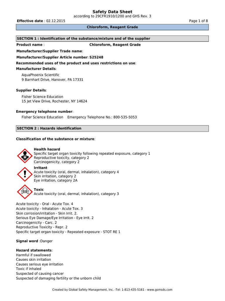 SDS Chloroform | Download Free PDF | Toxicity | Dangerous Goods