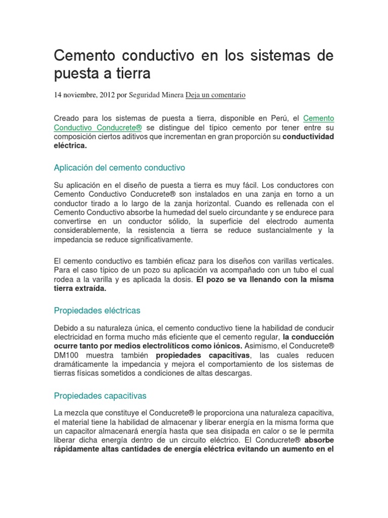 Cemento Conductivo en Los Sistemas de Puesta A Tierra | PDF | Cemento | Corrosión