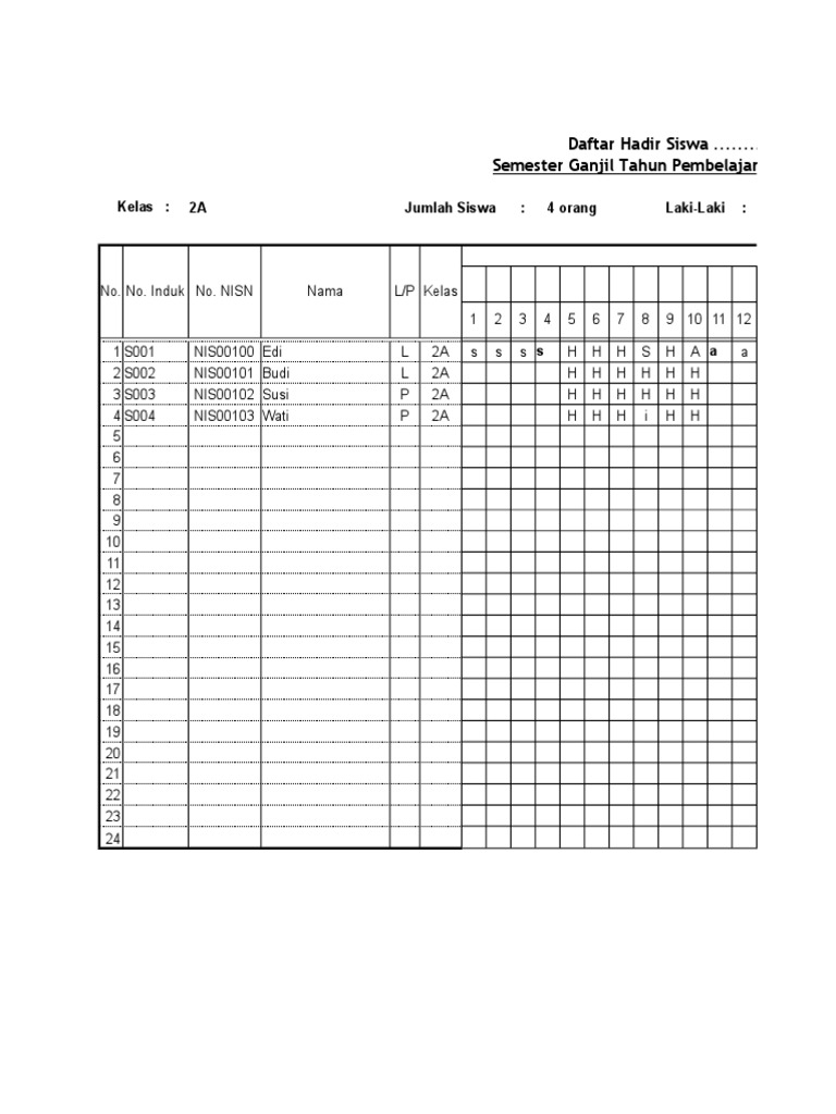 Absensi Siswa Rekap Otomatis Semester Ganjil | PDF