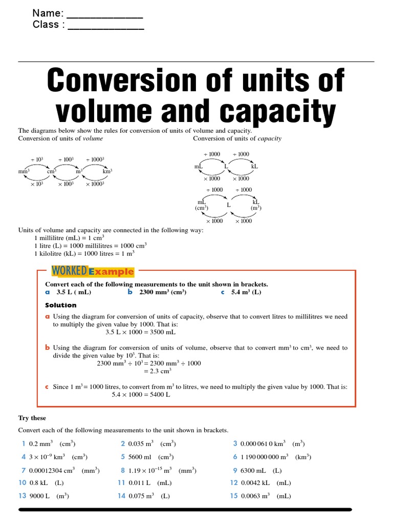 Conversion of Units of Volume and Capacity: Worked | PDF | Litre ...