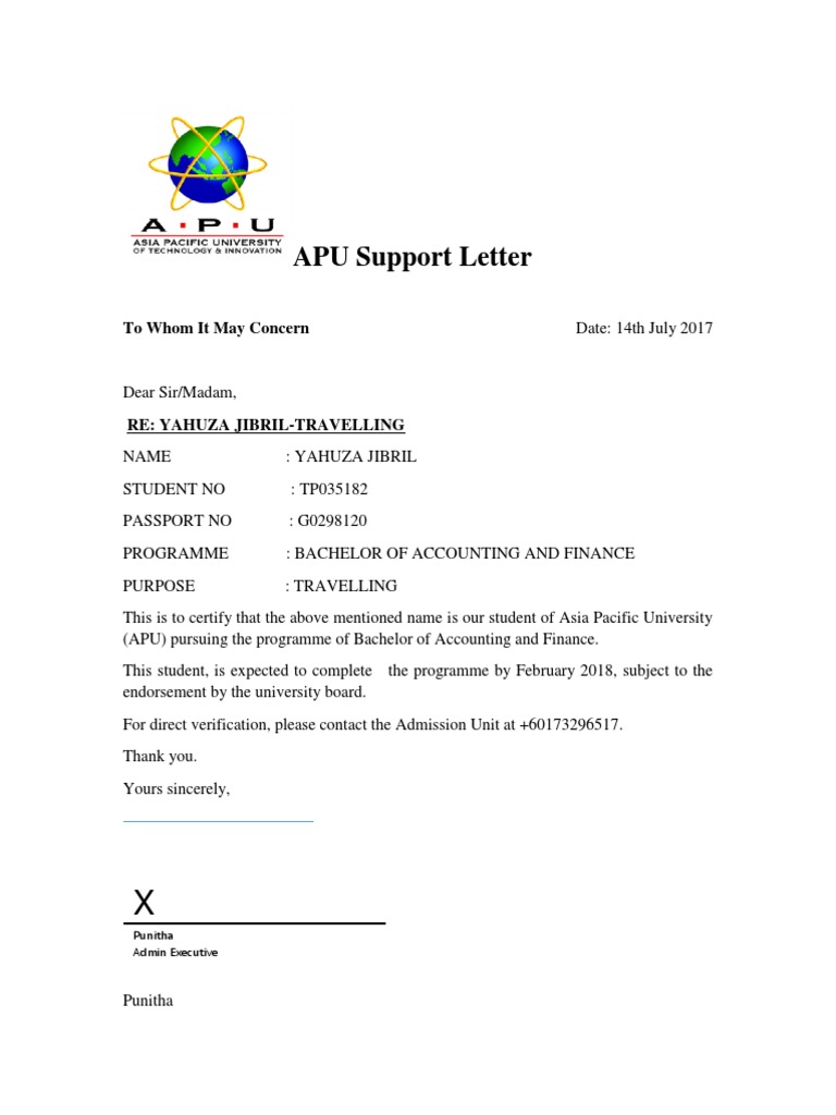 APU Support Letter | PDF