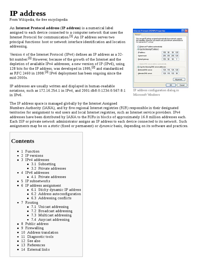IP Address: From Wikipedia, The Free Encyclopedia | PDF | Ip Address ...