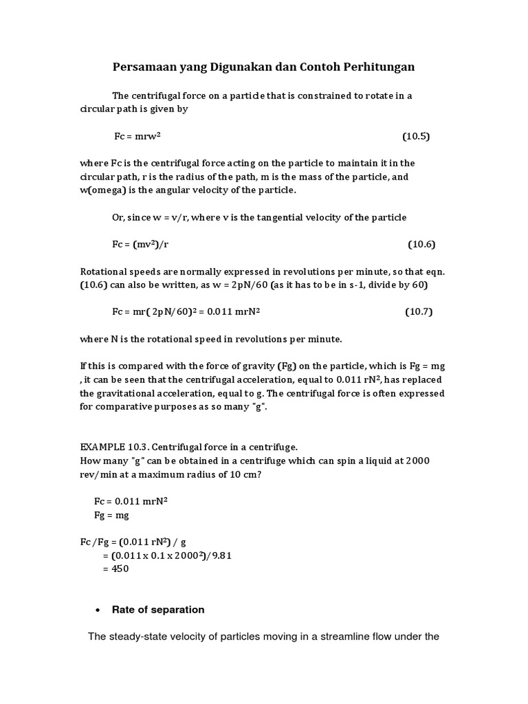 Persamaan Yang Digunakan Dan Contoh Perhitungan | PDF | Centrifuge ...