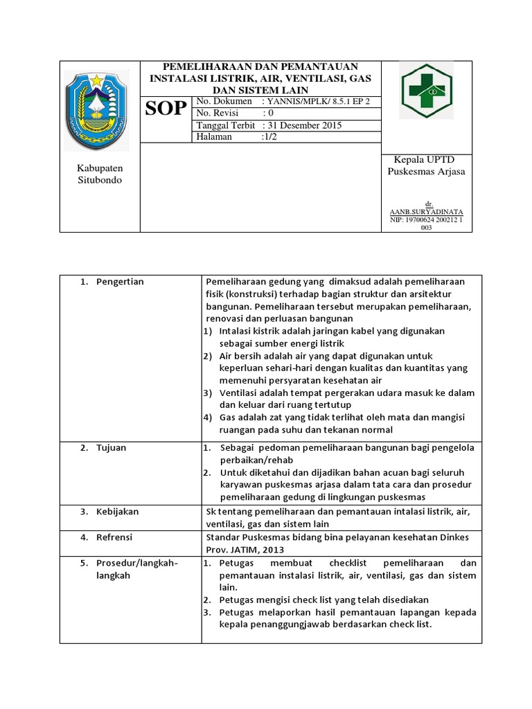 SOP Pemeliharaan Dan Pemantauan Instalasi Listrik, Air, Ventilasi, Gas ...