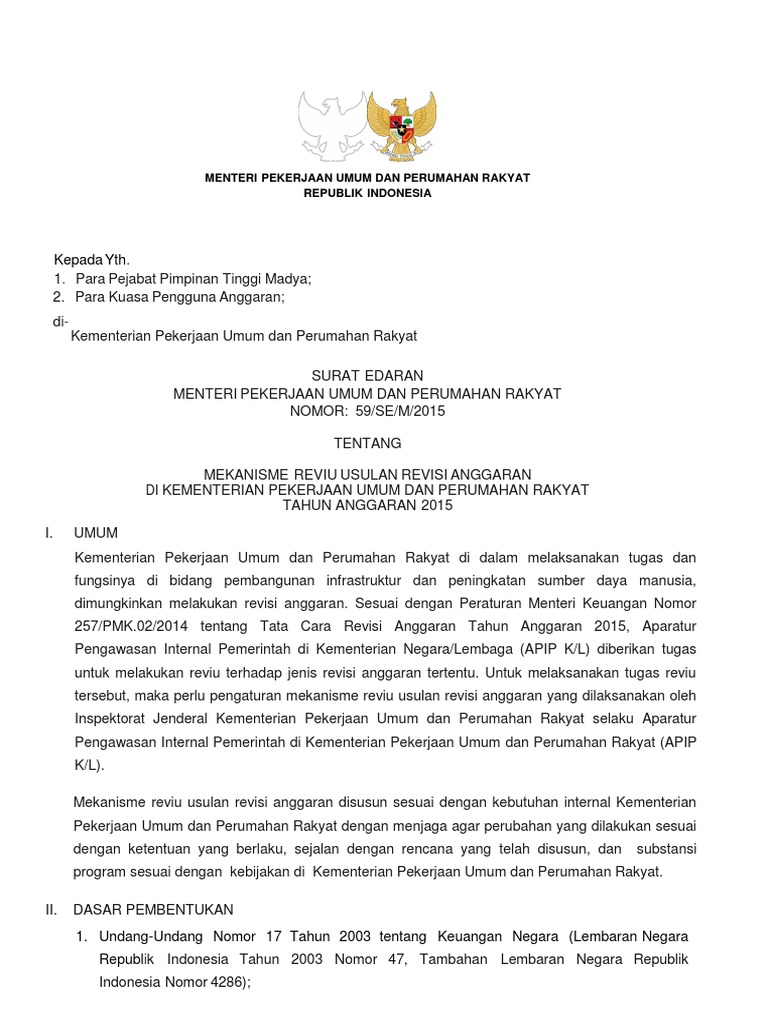 Se 59-2015 Mekanisme Reviu Usulan Revisi Anggaran Ta. 2015 | PDF
