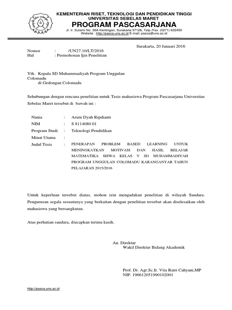 Form Surat Ijin Penelitian Pps Uns New | PDF