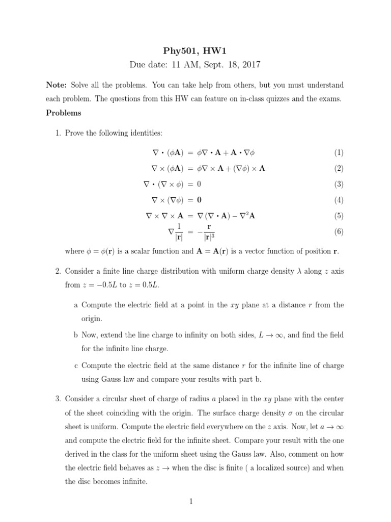 Phy501, HW1 Due Date: 11 AM, Sept. 18, 2017 | PDF | Electric Field | Mathematical Objects