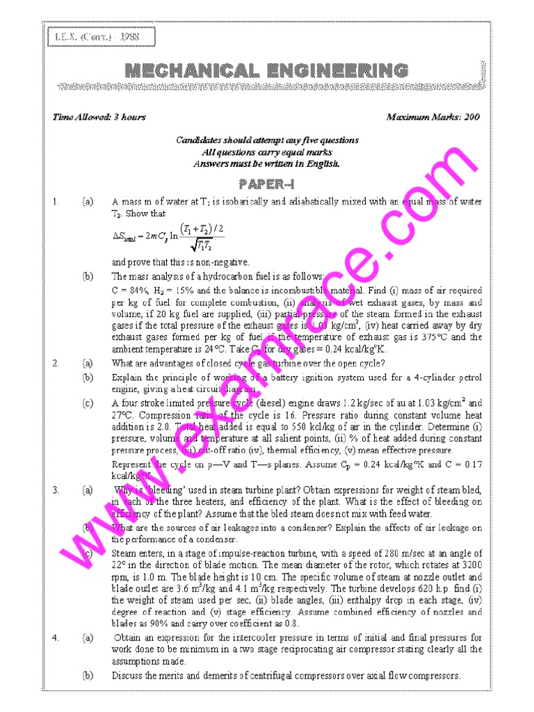 IES Conventional Mechanical Engineering 1988 | PDF | Gas Compressor ...