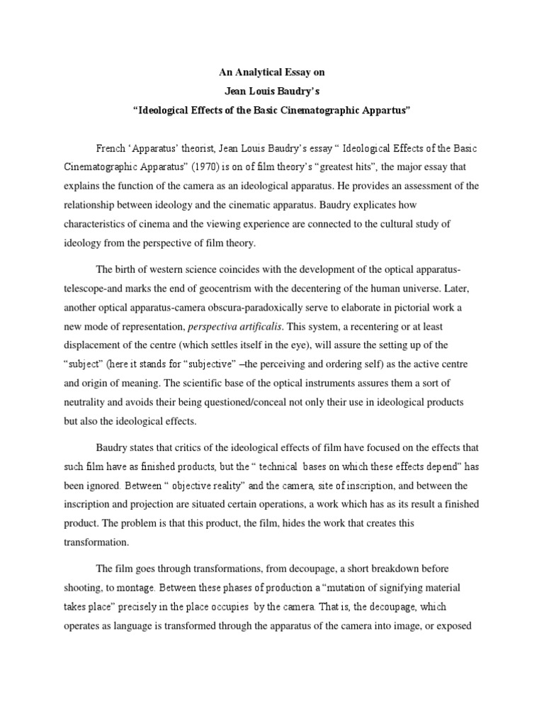 Baudry's Cinematic Apparatus Theory | PDF | Ideologies | Camera