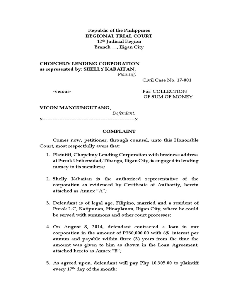 Complaint For Collection of Money | PDF | Lawsuit | Complaint