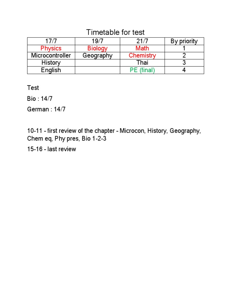 Timetable For Test: Physics Biology Math Chemistry | PDF