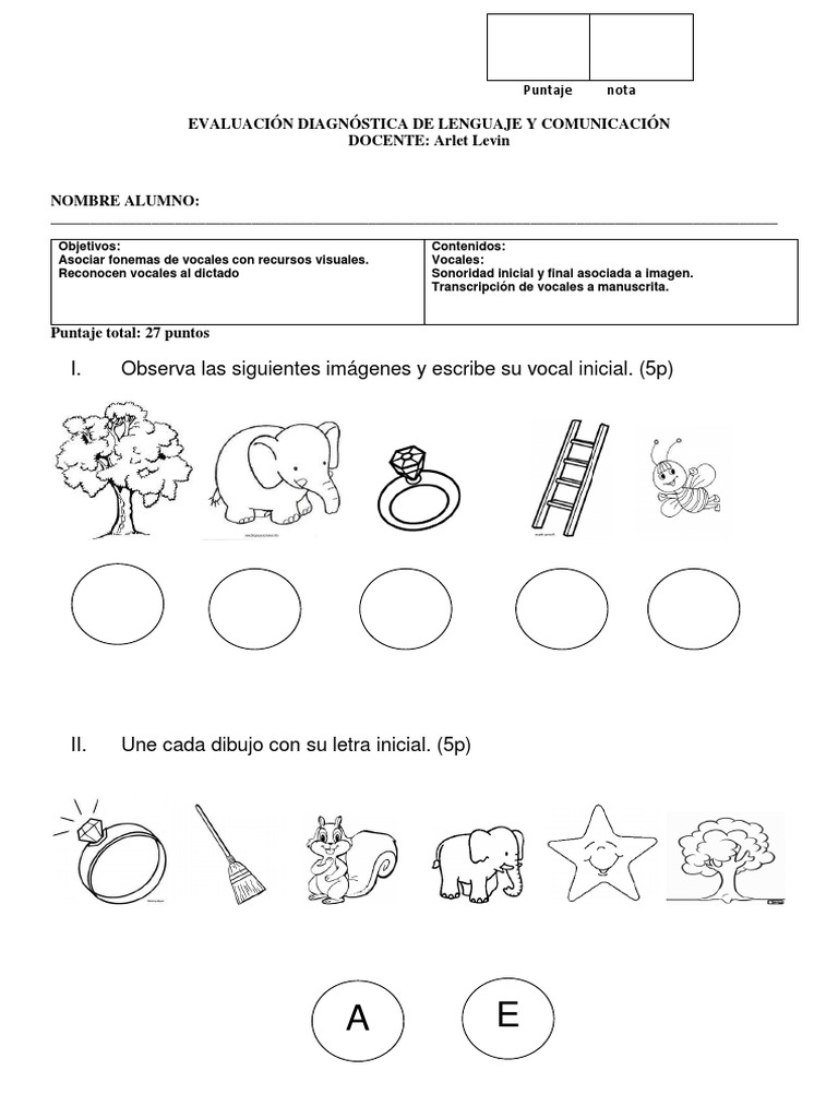 Evaluación de Vocales A y E | PDF