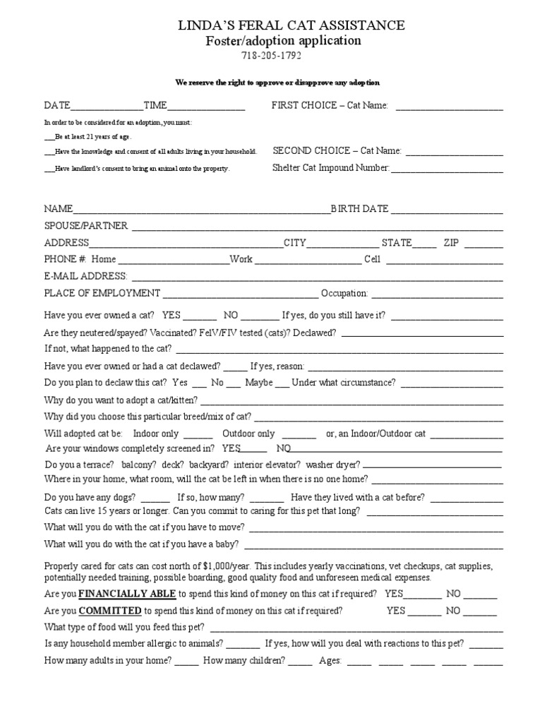 Cat Adoption Form | PDF | Veterinary Physician | Cats