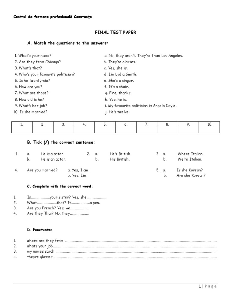 Final Test Paper A. Match The Questions To The Answers:: Centrul de ...