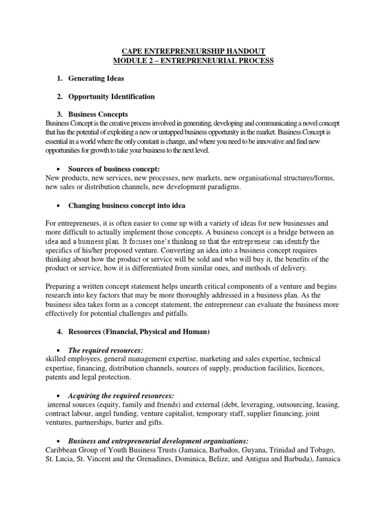CAPE ENTREPRENEURSHIP Handout | PDF | Innovation | Entrepreneurship