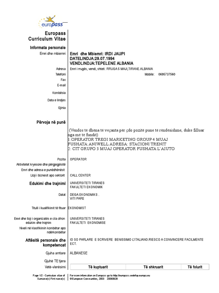 Shembull CV Shqip 3 | PDF