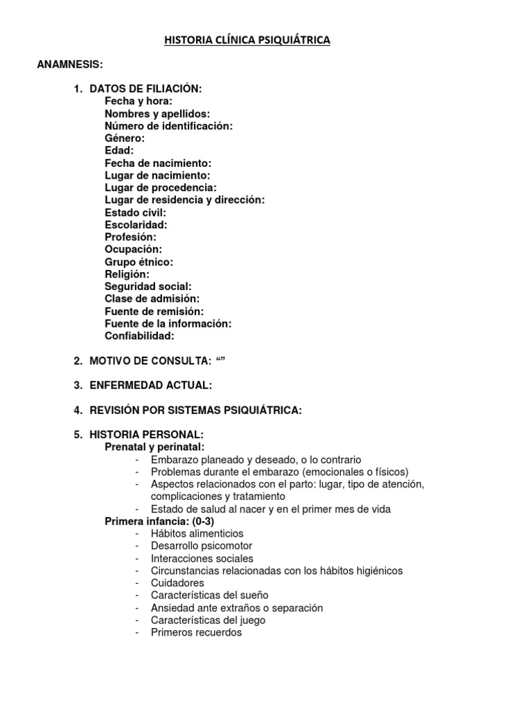 FORMATO DE HISTORIA CLÍNICA PSIQUIÁTRICA.docx | Psicosis | Adultos