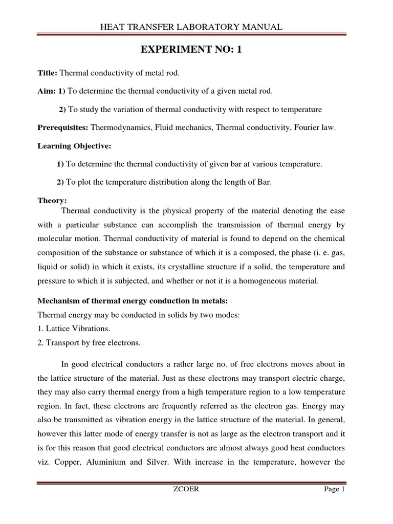 Ex. No 1) Thermal Conductivity of Metal Rod | PDF | Thermal ...