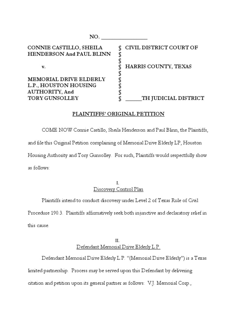 Lone Star Legal Aid Petition Against Houston Housing Authority | PDF ...