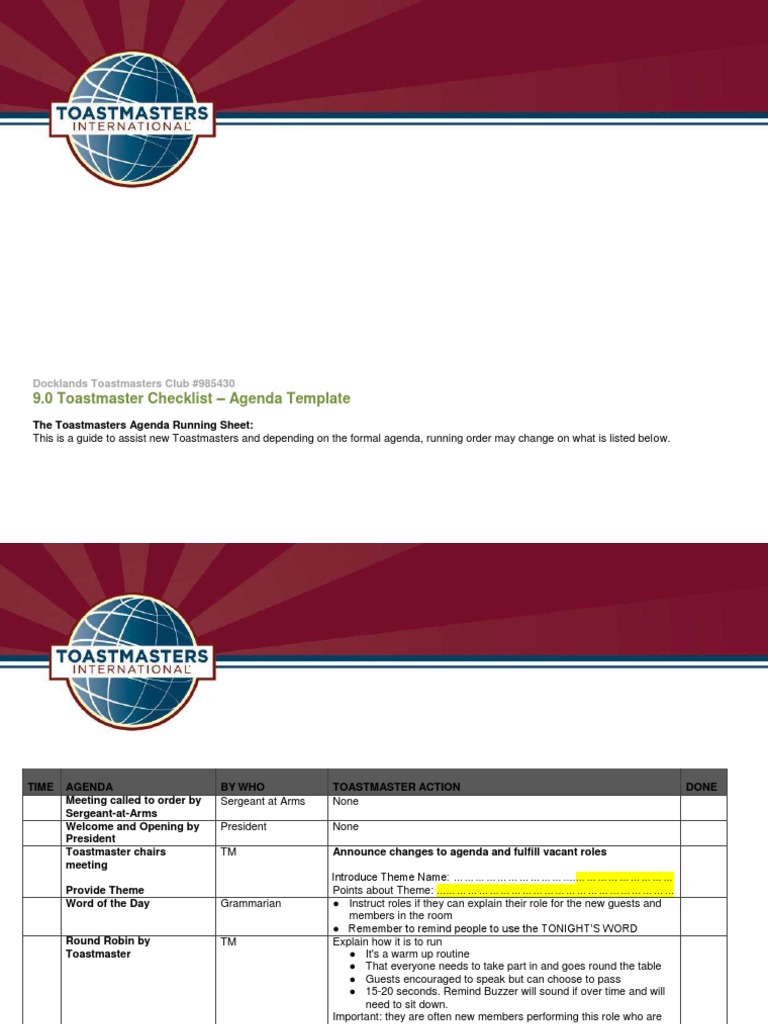 9.0 Toastmaster Checklist-Agenda Template | PDF