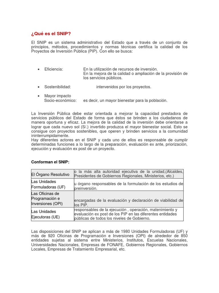Qué Es El SNIP | PDF | Calidad (comercial) | Alcalde