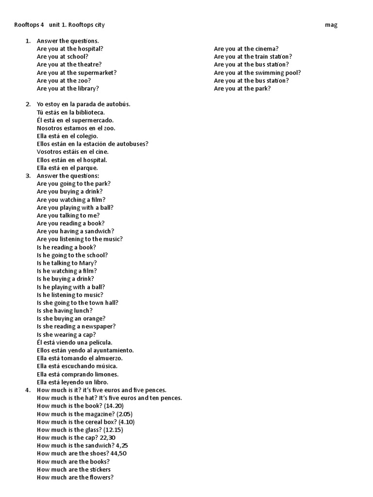 Rooftops 4 unit 1 questions and answers about locations, objects, and prices | PDF
