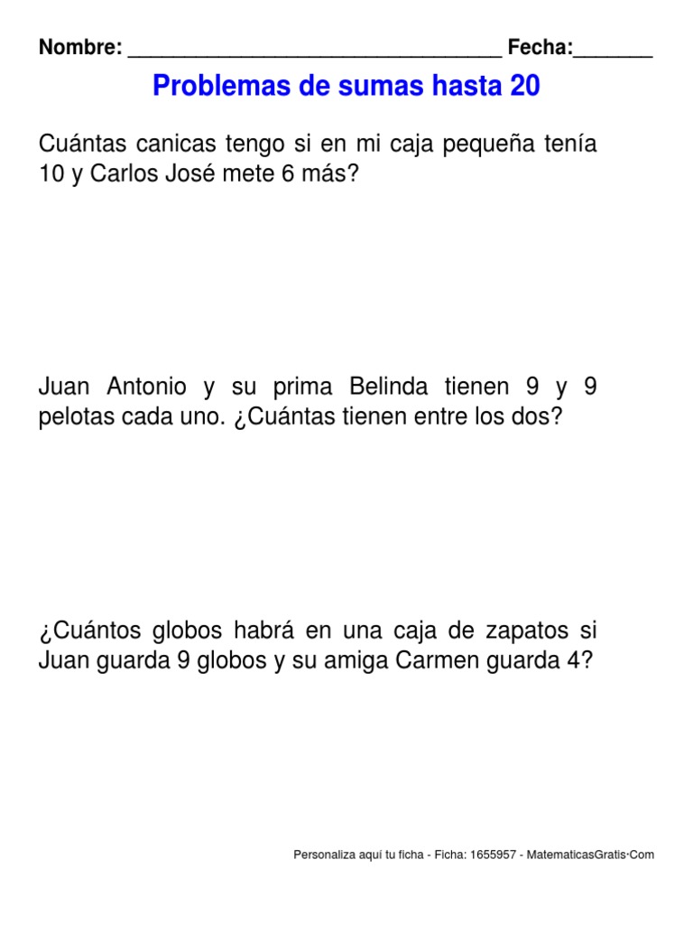 Problemas de Sumas Hasta 20 | PDF | Ocio | Deportes
