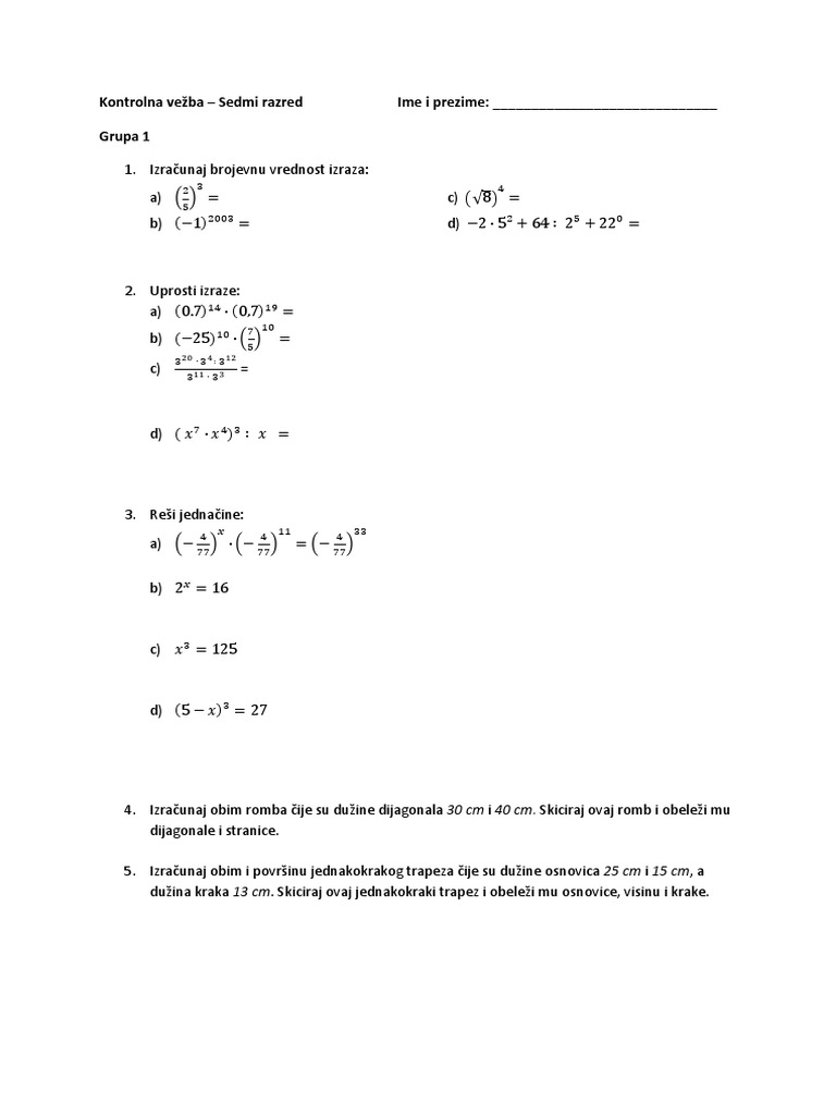 Kontrolna Vezba - 7. Razred | PDF