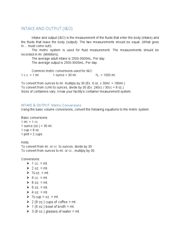 Intake - Output Medication Nursing Reference | PDF | Ounce | Litre