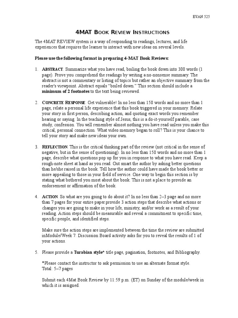 4MAT Book Review Instructions | PDF | Reading (Process) | Cognitive Science