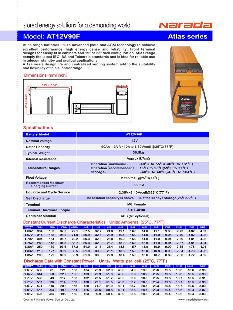 Datasheet Battery Narada AT12V90F.pdf | Energy Storage | Battery (Electricity)